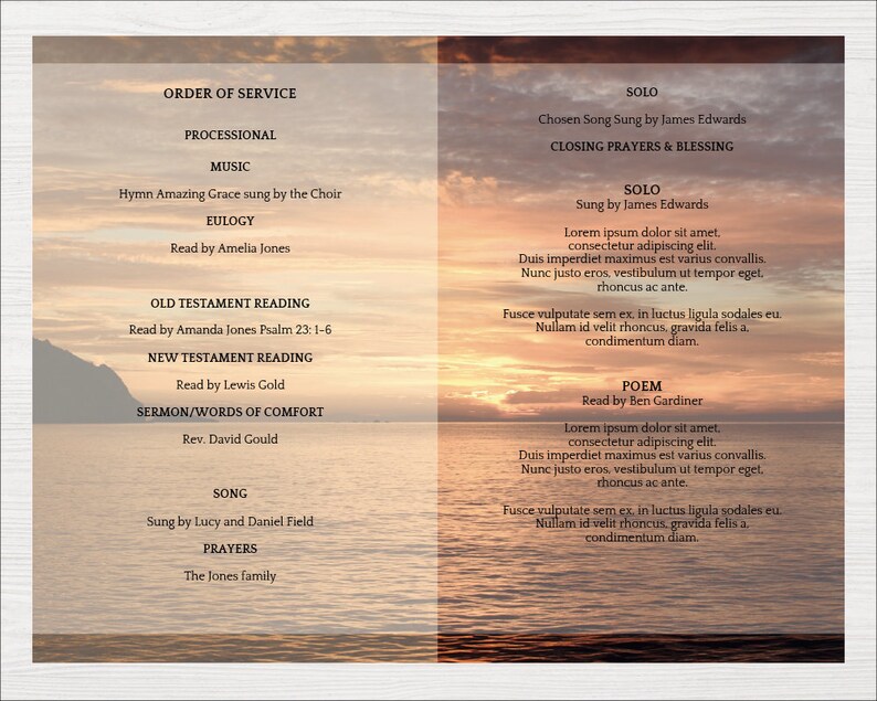 8 Page Funeral Program Template | Sunset Memorial Program | Funeral ...