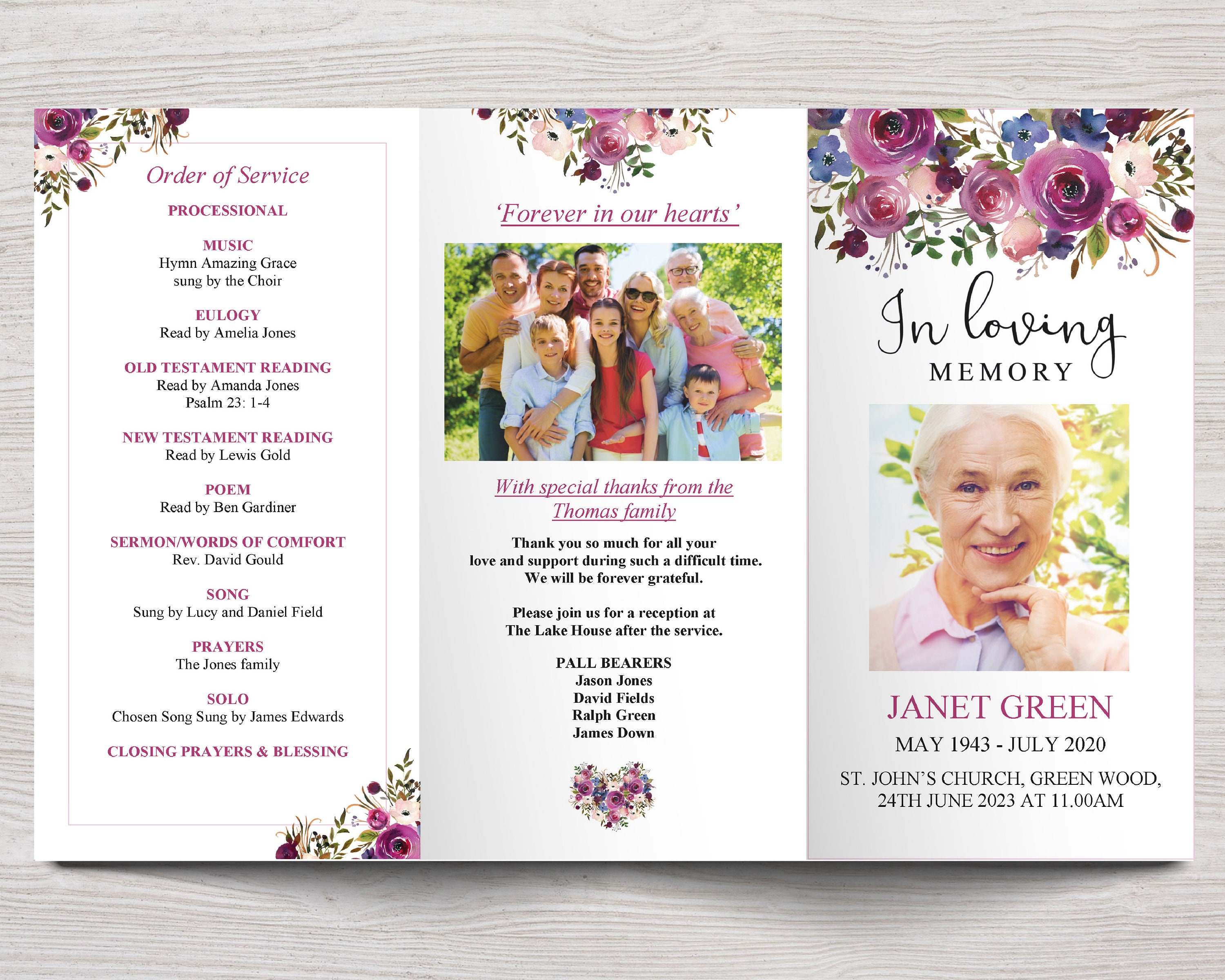 11x17 Trifold Funeral Program Template With Purple Roses - Etsy UK