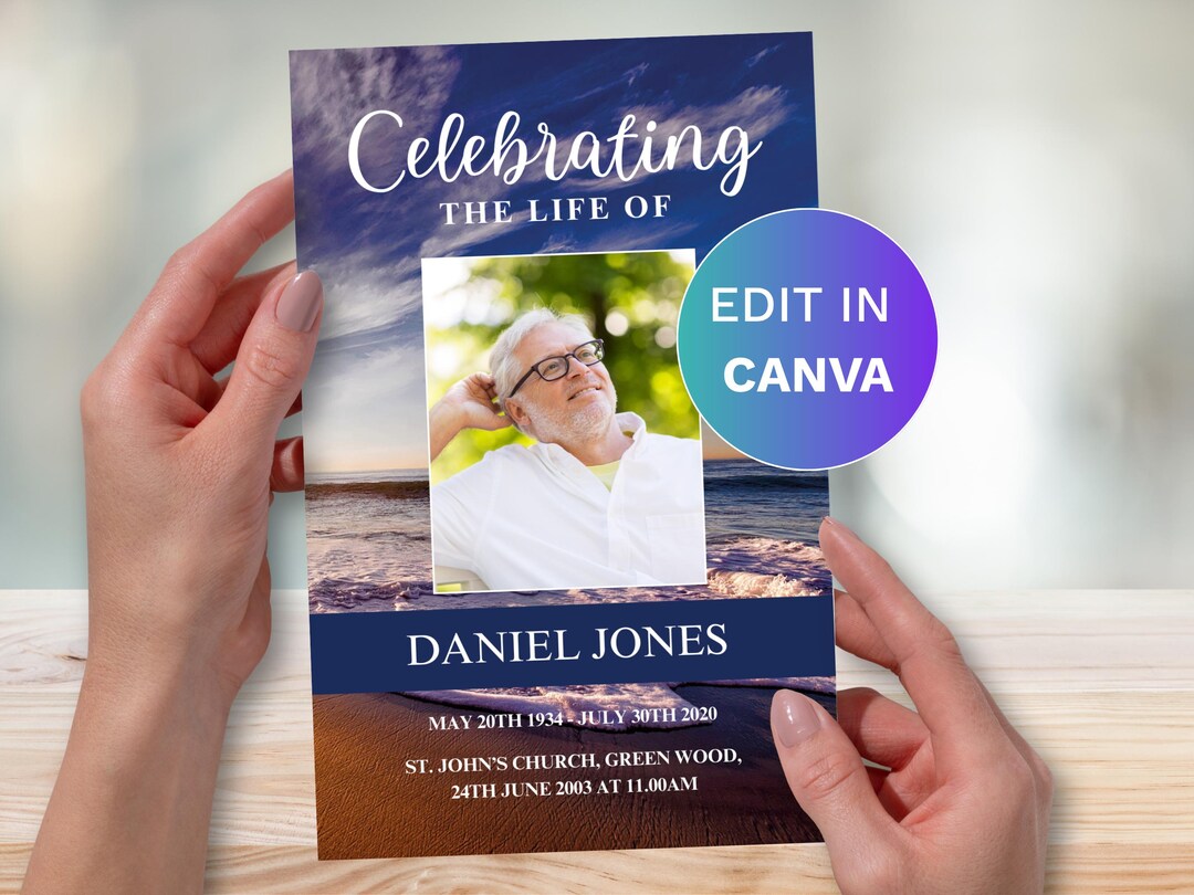Sunset Canva Funeral Program Template: 4 Page Memorial Program is Easy ...