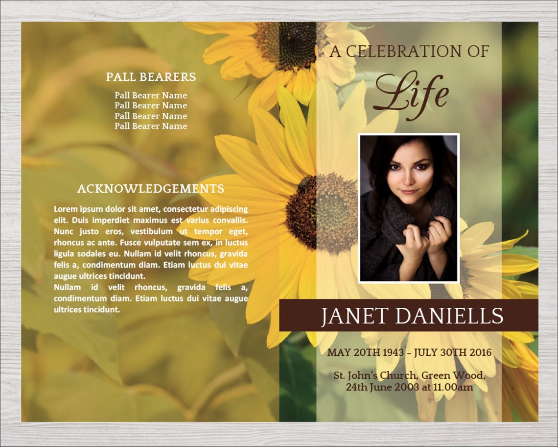 Sunflower Funeral Program Template | 8 Page Order of Service | 8 Page ...