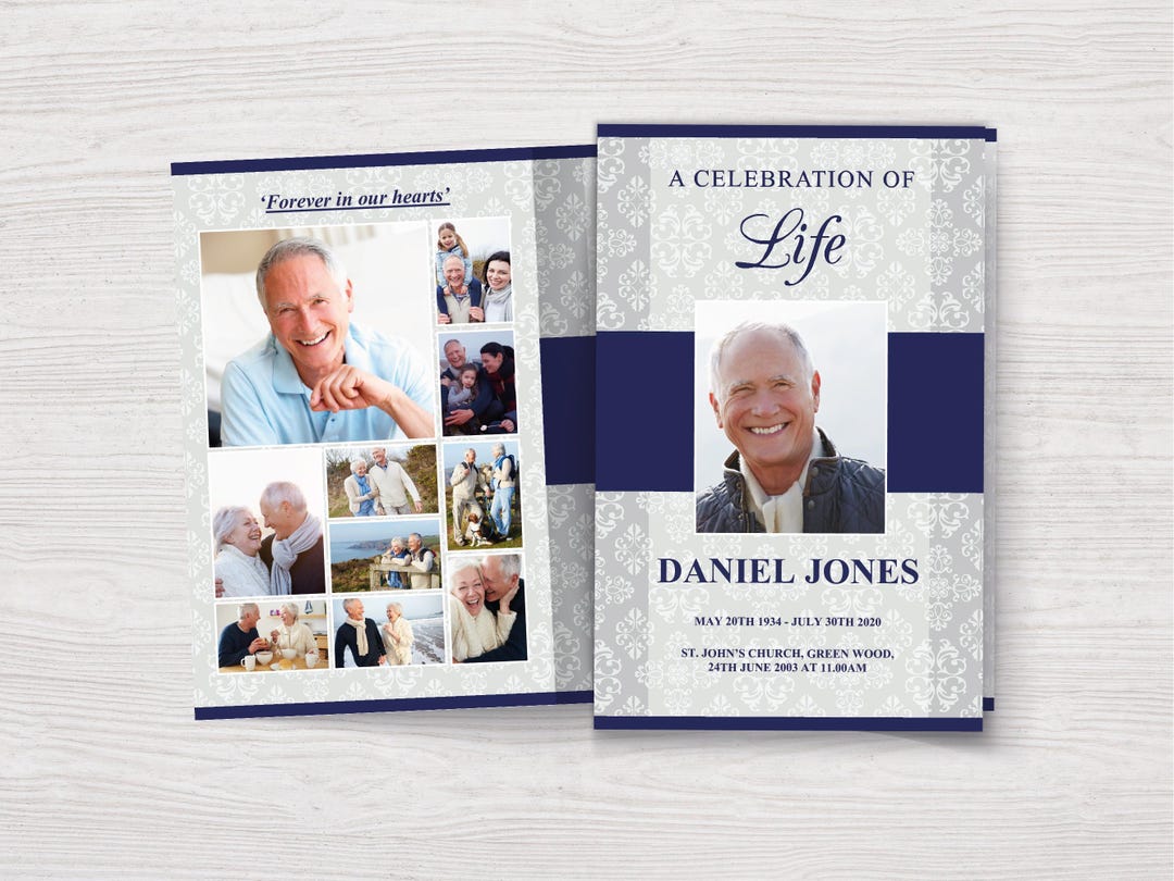 Funeral Program Template for Man | Blue Funeral Program | Obituary ...
