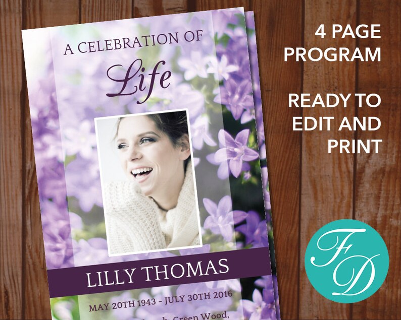 Purple Floral Funeral Program Template Celebration of Life | Etsy