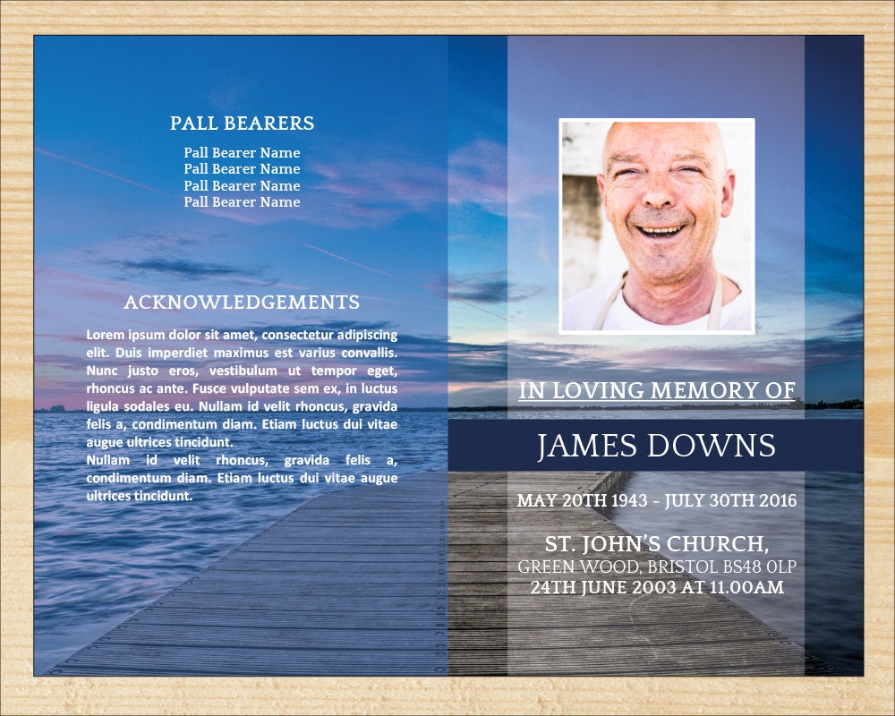 Ocean Funeral Program Template for Man, Ocean Memorial Booklet, Blue ...