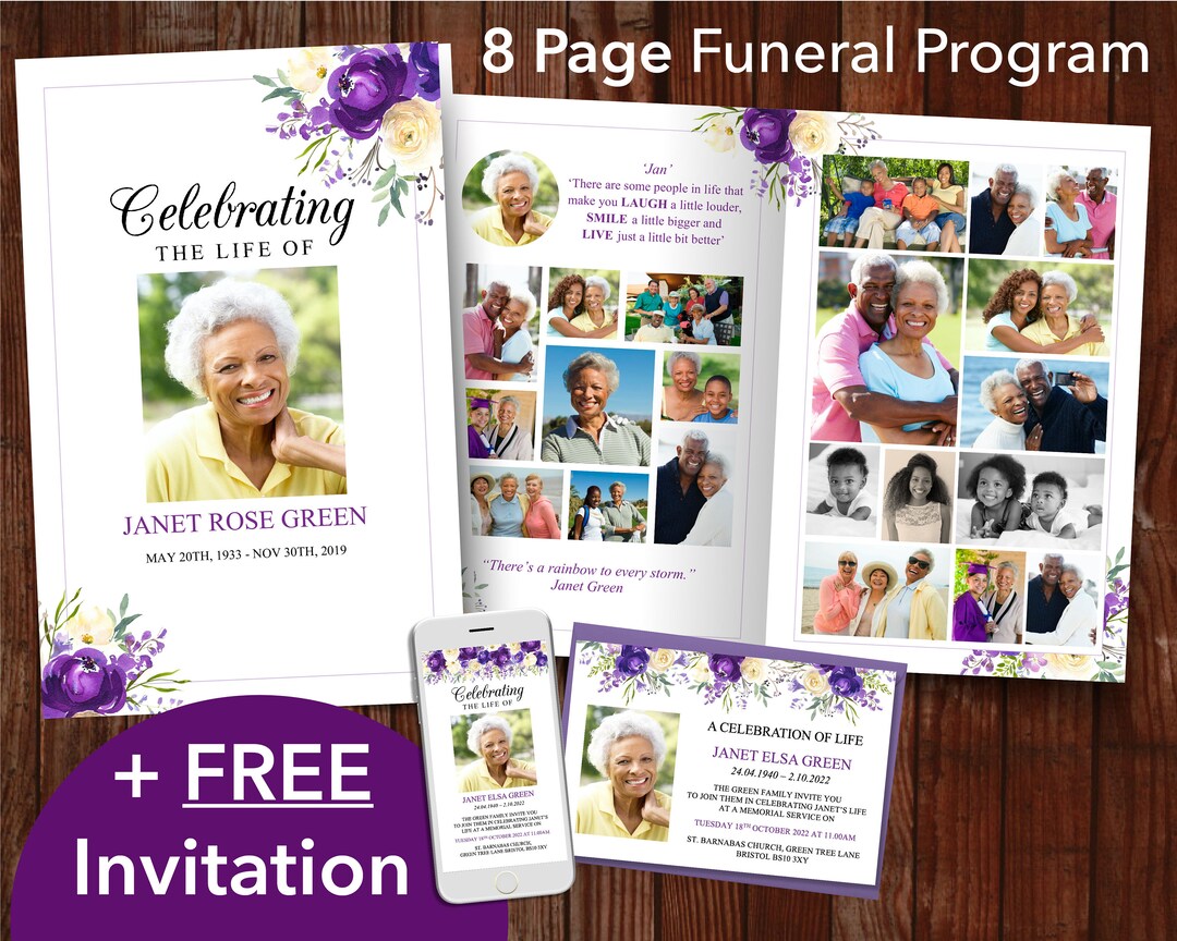 8 Page Purple Funeral Program Template FREE Memorial Evite - Etsy