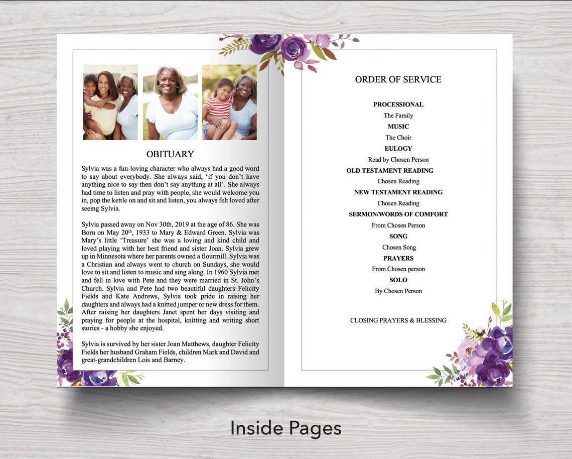 Purple Funeral Program Template Celebration of Life Program - Etsy