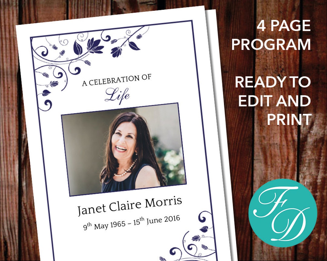 Blue Funeral Program Template Celebration of Life Program Blue Order of ...