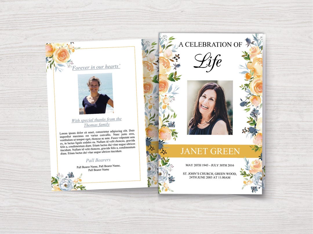 Rose Funeral Program Template, Yellow Roses Celebration of Life Program ...
