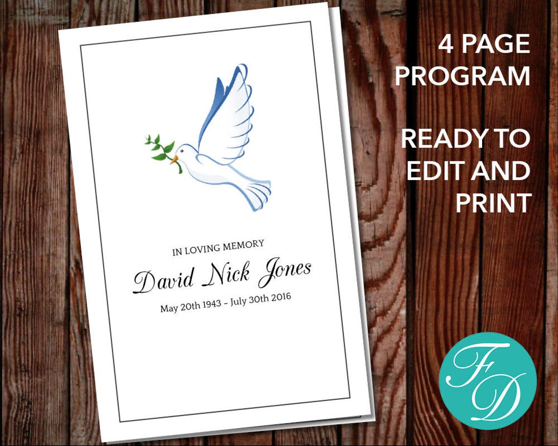 Dove Funeral Program Template Dove Celebration of Life - Etsy UK