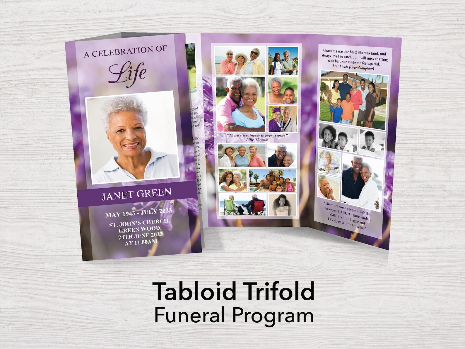 11x17 Trifold Funeral Program Template With Purple Flowers | Tabloid ...