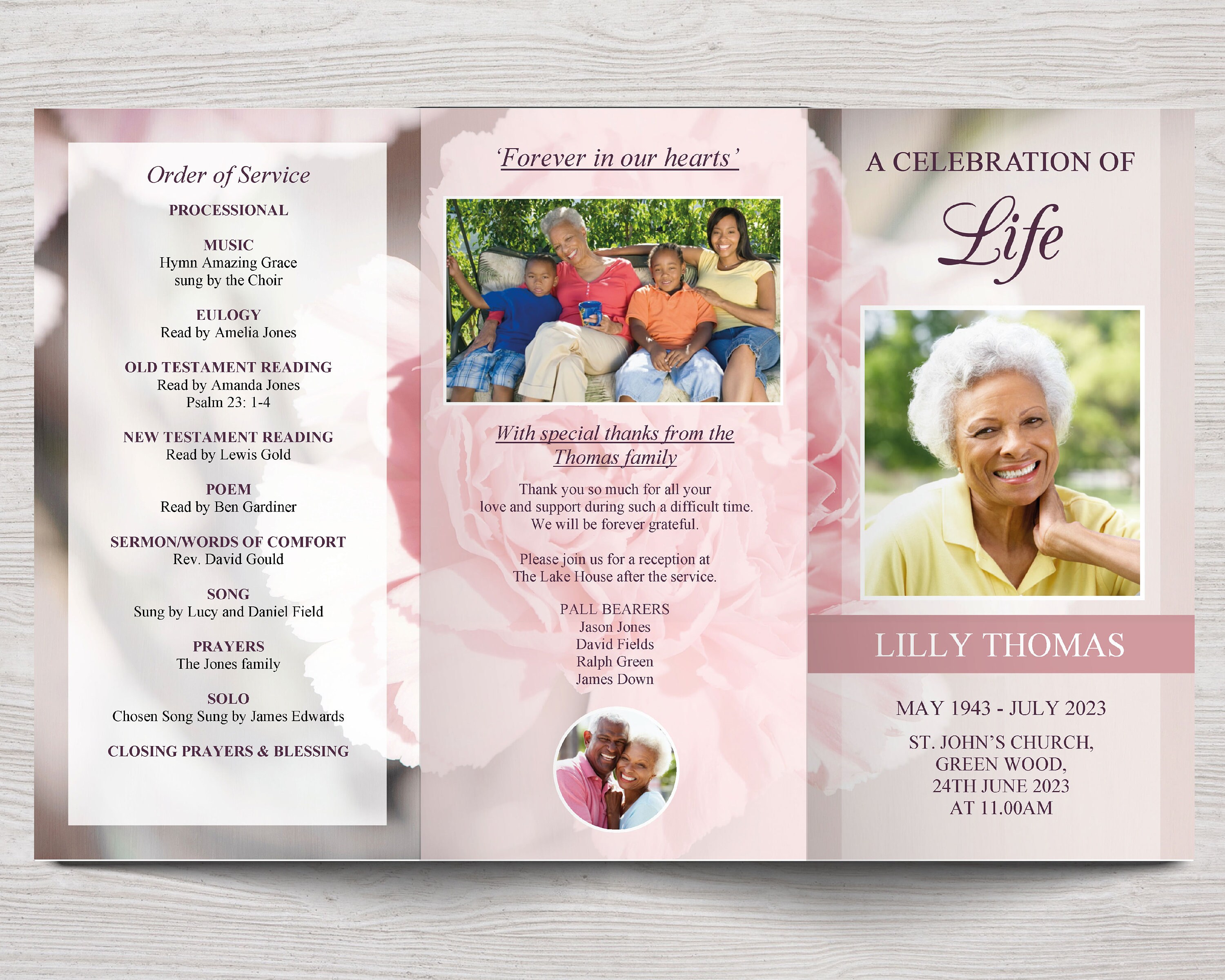 11x17 Trifold Funeral Program Template With Pink Carnations - Etsy UK