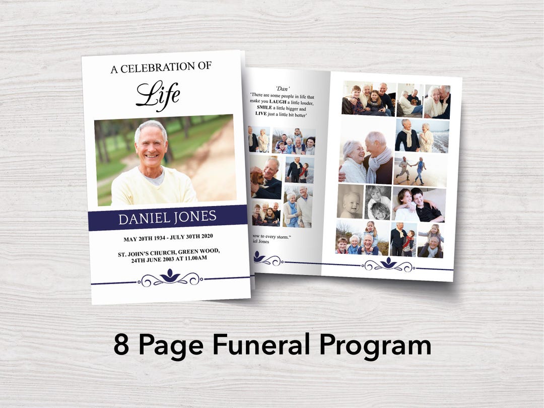 Blue Funeral Program Template, Manly Funeral Program, 8 Page Obituary ...
