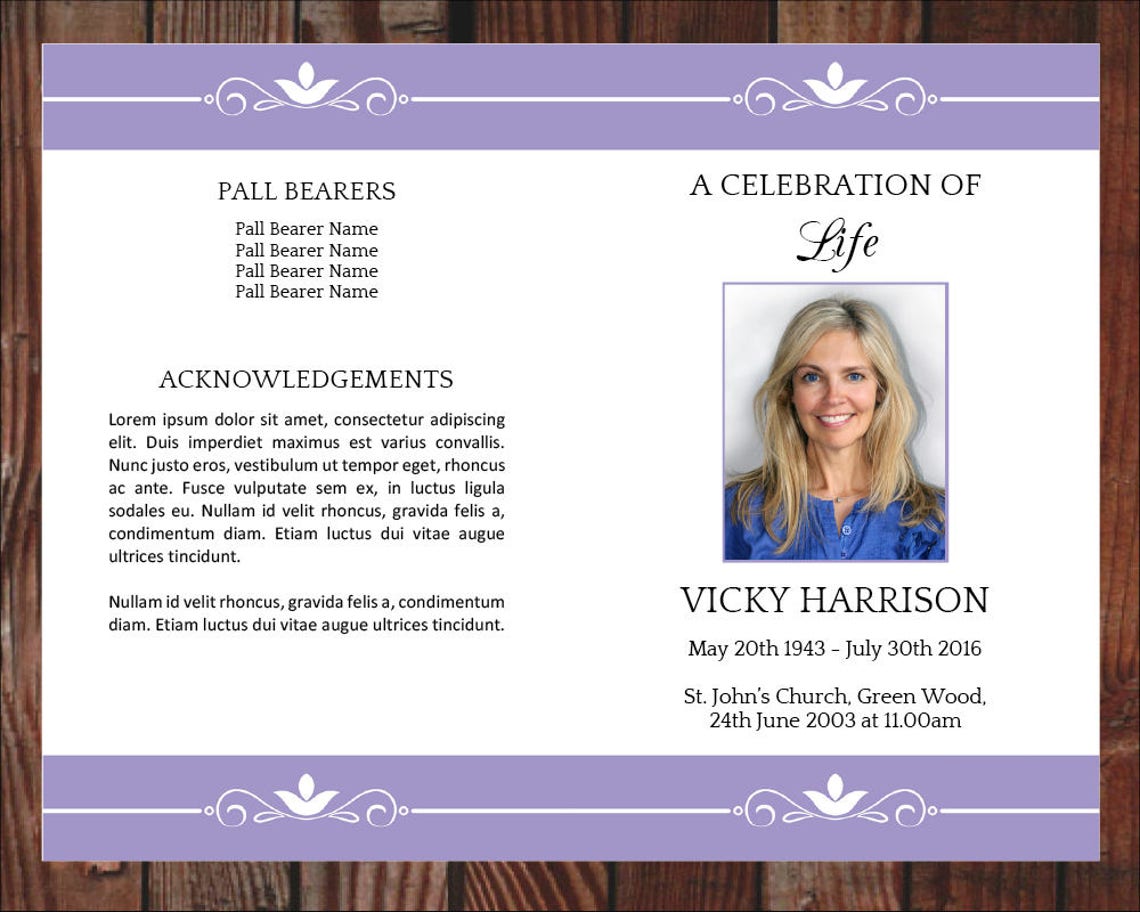 Purple Classic Funeral Program Template Celebration of Life | Etsy