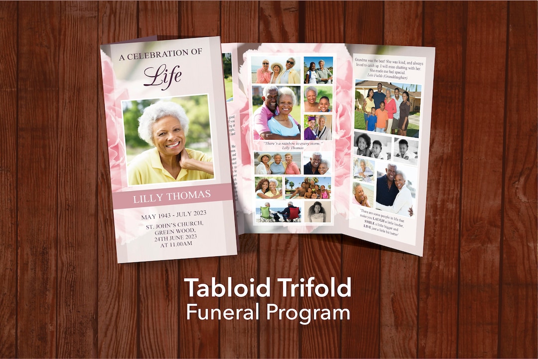 11x17 Trifold Funeral Program Template With Pink Carnations | Tabloid ...