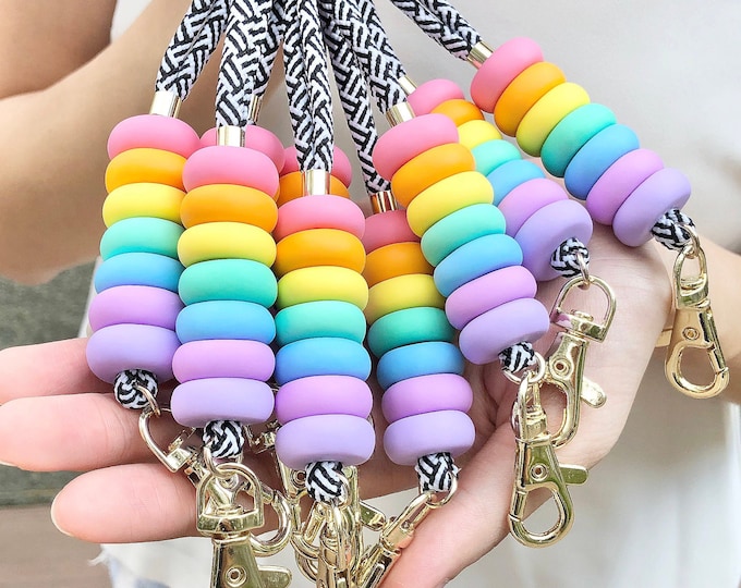 Pastel Rainbow Lanyard Keychain / Rainbow Keychain / Colourful Wristlet ...