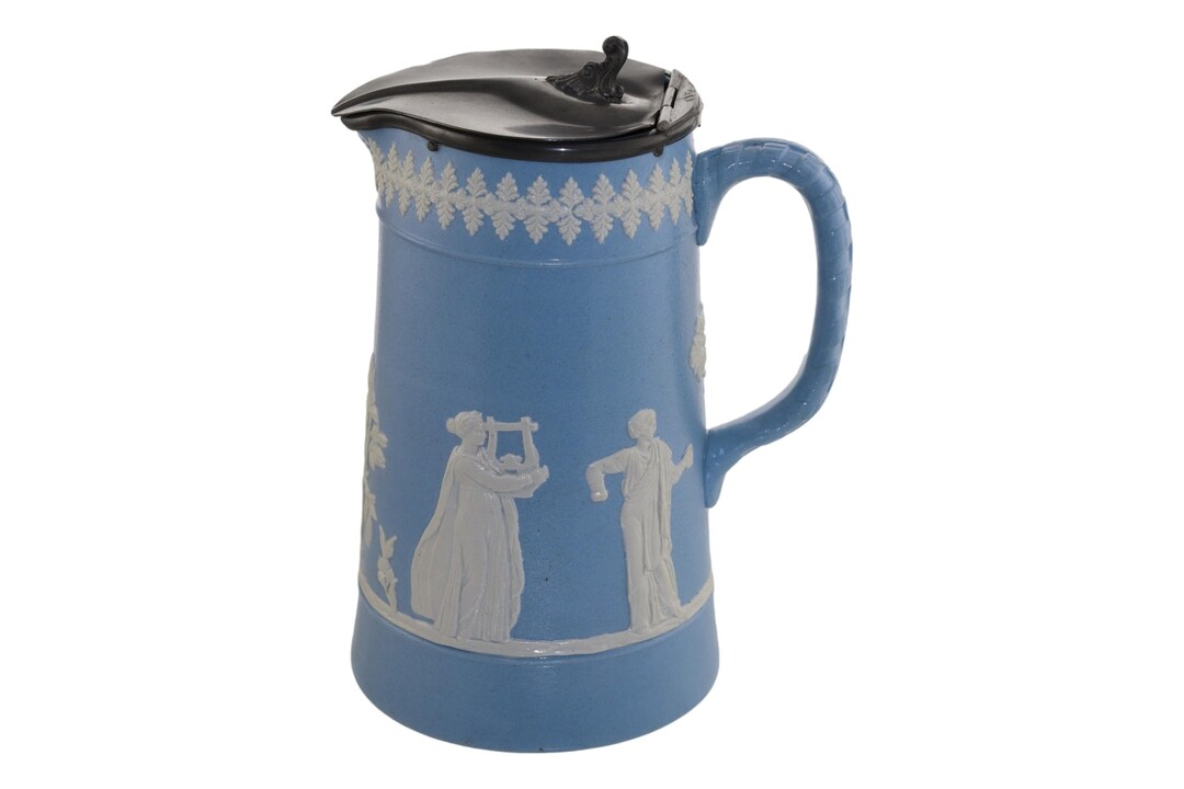 Antique DUDSON Jasperware Lidded Jug MUSES Pattern C1900 Victorian BLUE ...