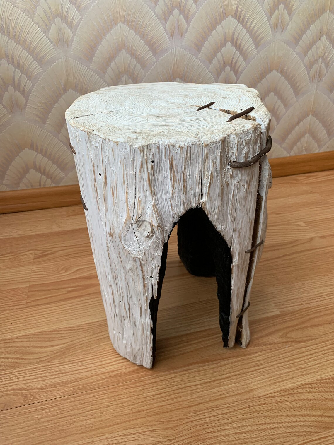 Painted White Stump Table, Coffee Table Wood, Wood Stool Table, Bedside ...