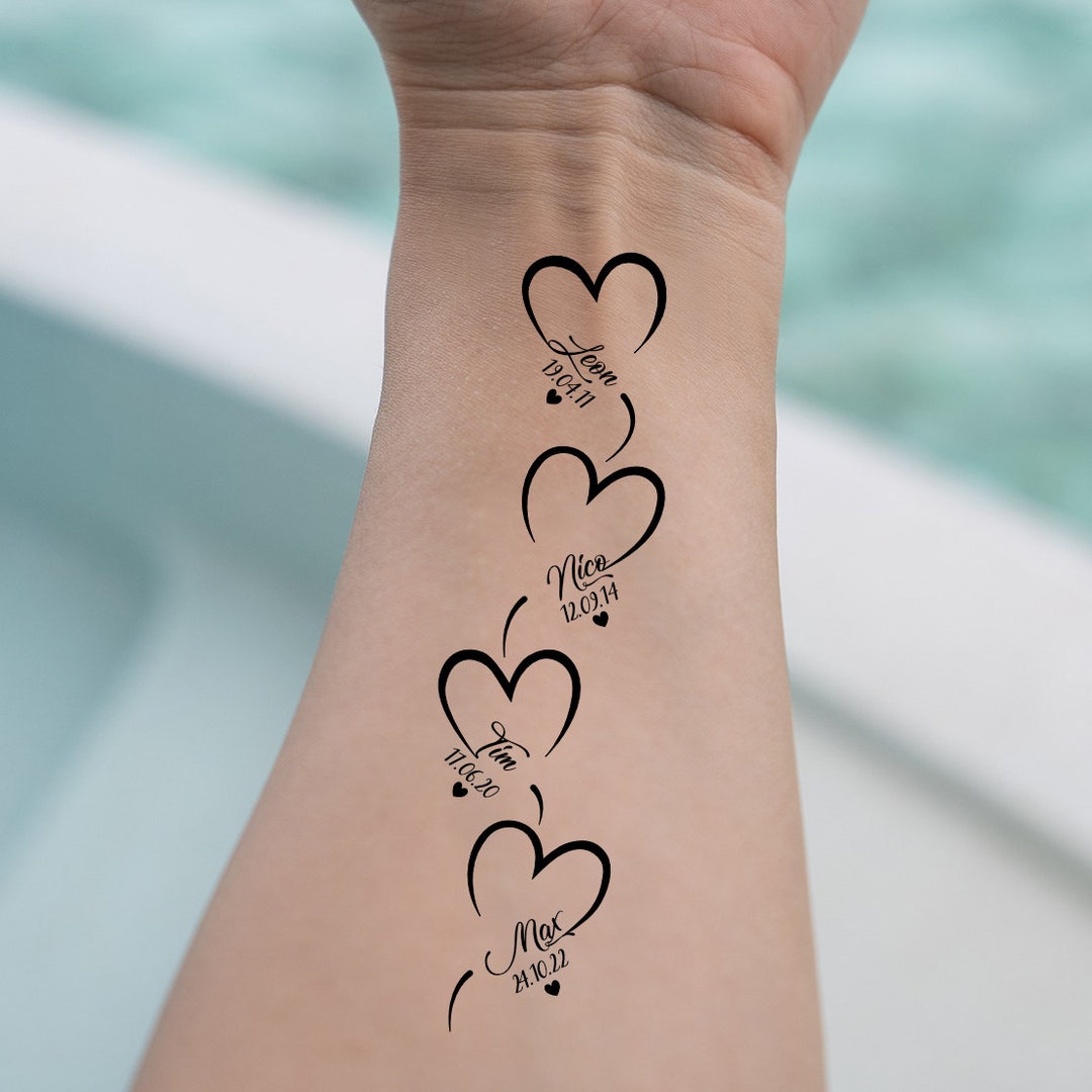 Custom Temporary Tattoo, Hearts With Kids Names and Dates set of 3 ...