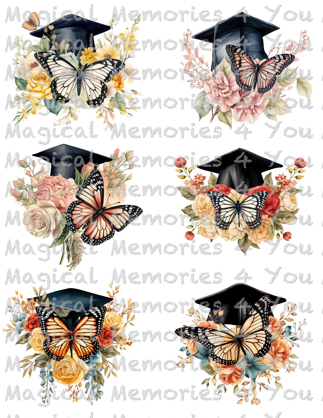 Butterfly With Flowers and Graduation Cap Waterslide Decals, Clear ...
