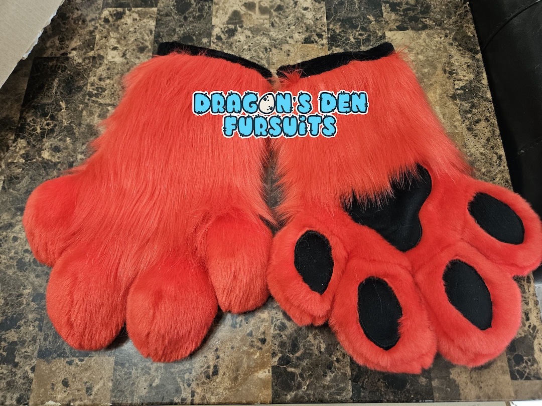 Red With Black Pawpads Puffy Style Fursuit Handpaws With Pink Pawpads ...
