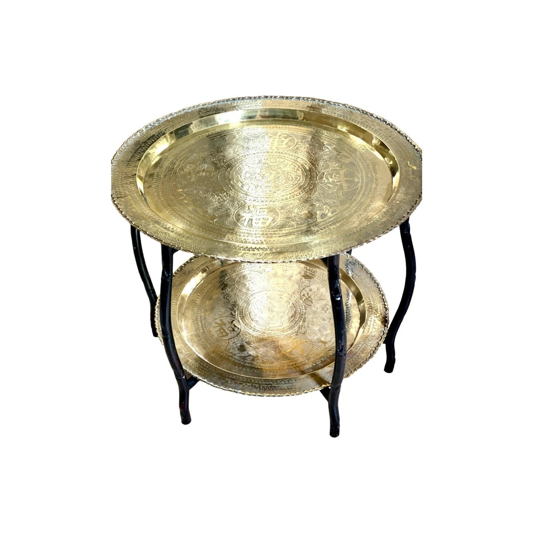 Mid-century Two Tiered Brass Tray Table With Folding Base, Asian Decor ...