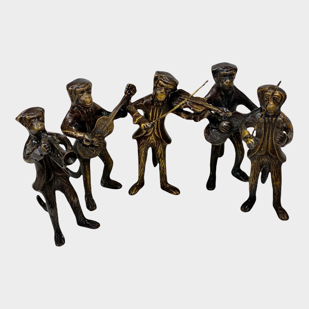 Vintage Bronze Monkey Band Figurines, Gift for Musician, Tabletop Music ...