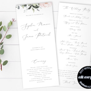 Blush Floral Tea Length Wedding Program Template Floral Ceremony Program Instant Download DIY ...