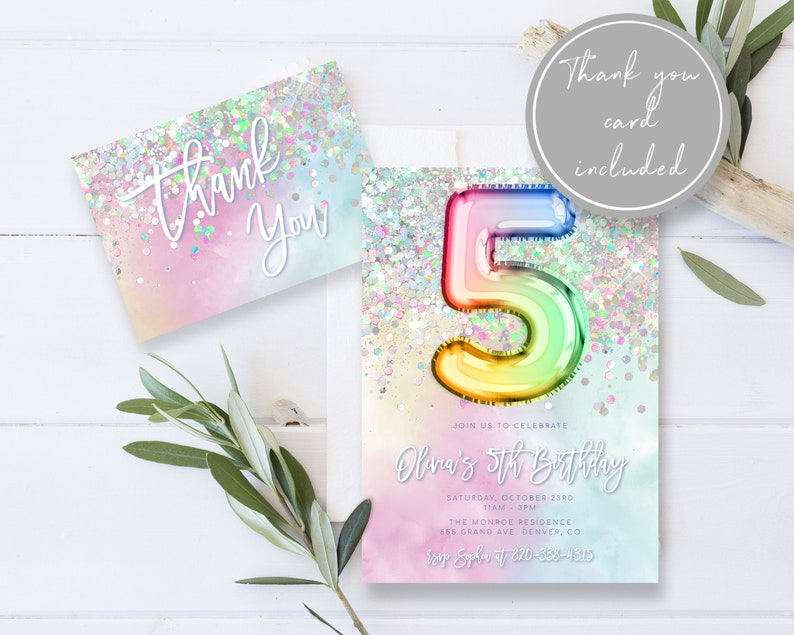 Editable 5th Birthday Invitation Template Rainbow Glitter - Etsy