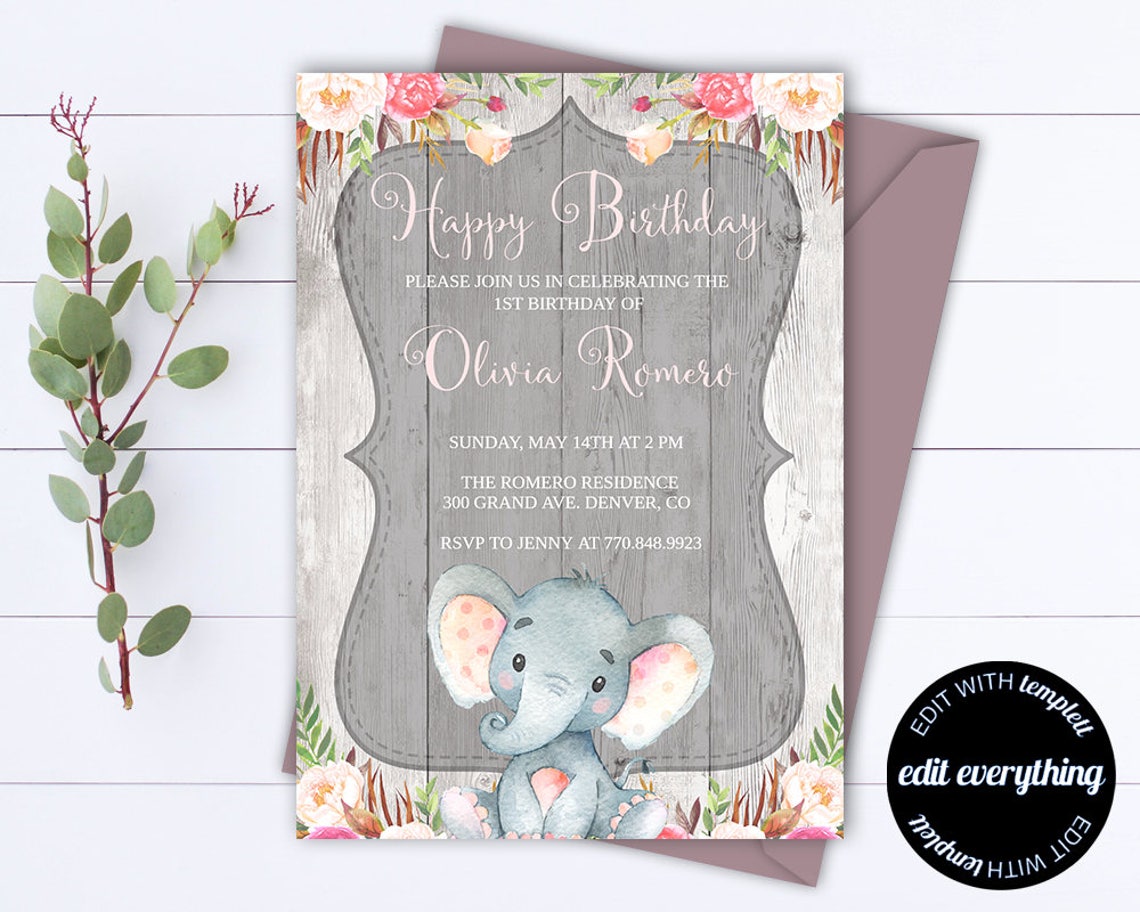Elephant Birthday Party Invitation Template Zoo Rustic - Etsy