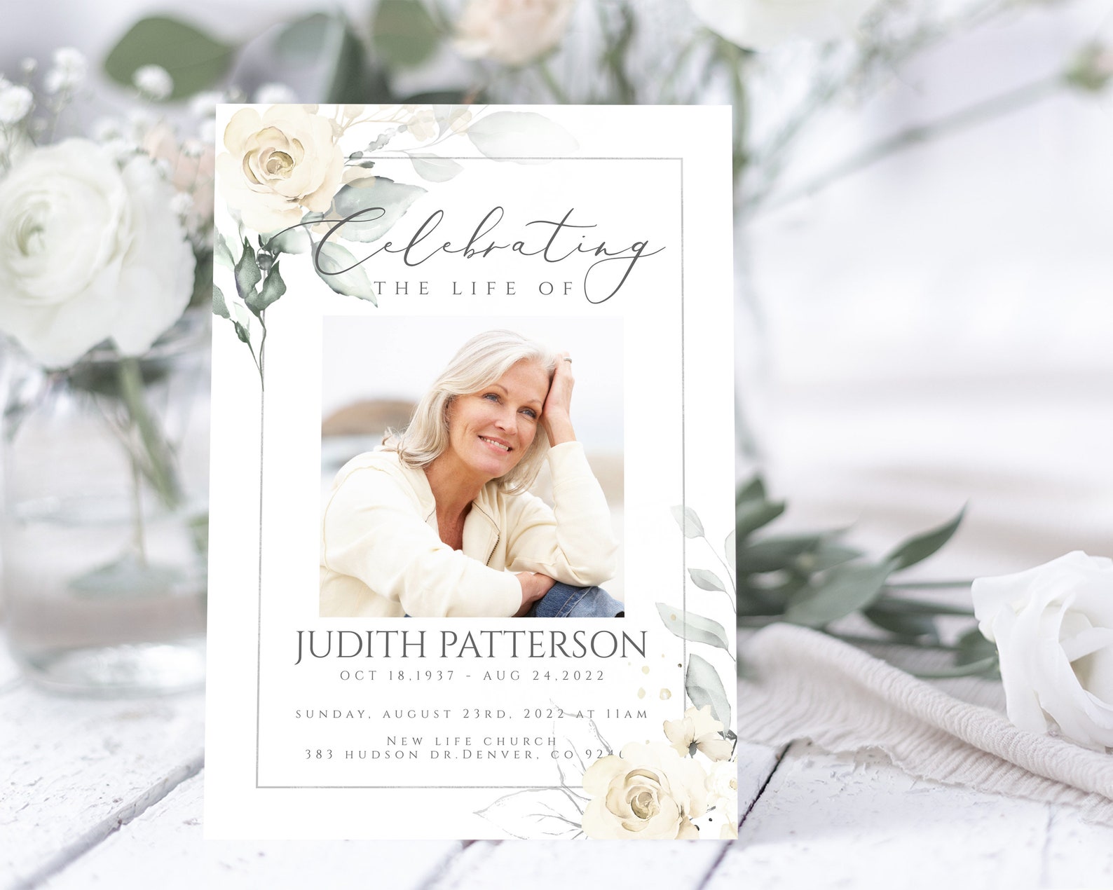 Editable White Floral Funeral Invitation Template Celebrating the Life ...
