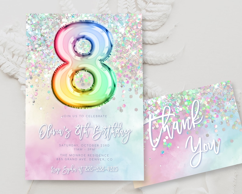 Editable 8th Birthday Invitation Template Rainbow Glitter Birthday ...