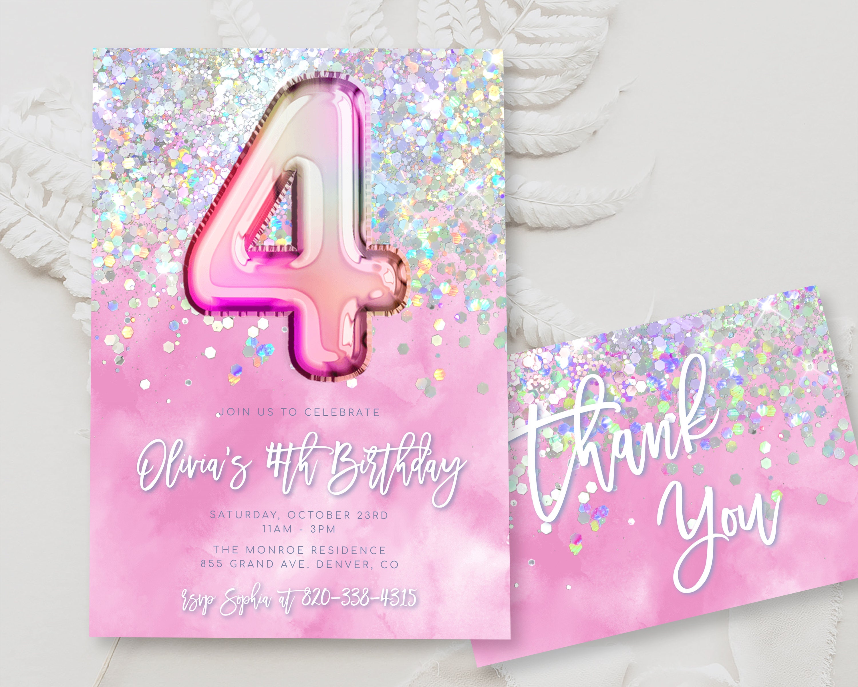 Editable Pink 4th Birthday Invitation Template Glitter - Etsy
