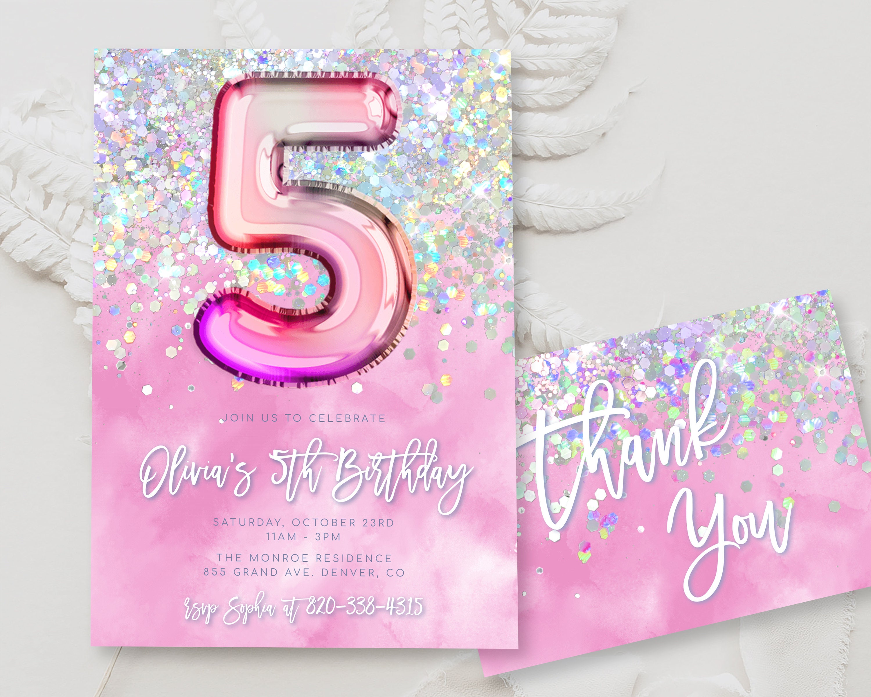 Editable Pink 5th Birthday Invitation Template Glitter Birthday Party ...