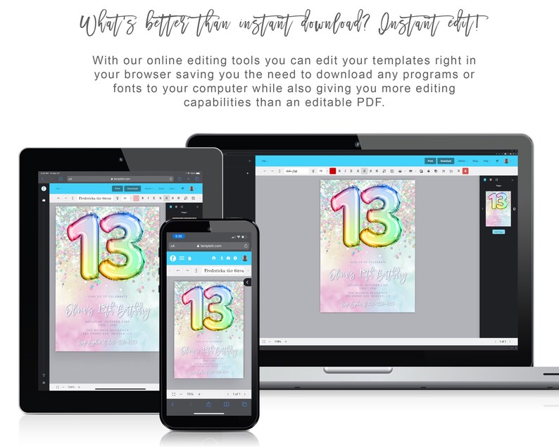 Editable 13th Birthday Invitation Template Rainbow Glitter Birthday ...