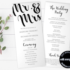 Mr and Mrs Wedding Program Template Tea Length Program - Etsy