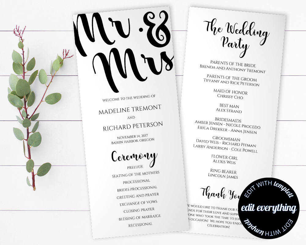 Mr and Mrs Wedding Program Template - Tea Length Program Template ...