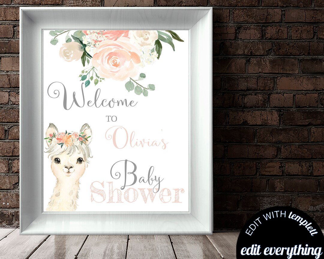 Peach Floral Llama Baby Shower Welcome Sign Baby Welcome Llama Baby ...