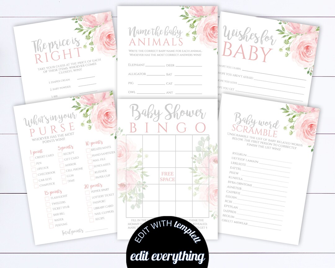 Pink Floral Baby Shower Games Printable Baby Shower Games Package Baby ...