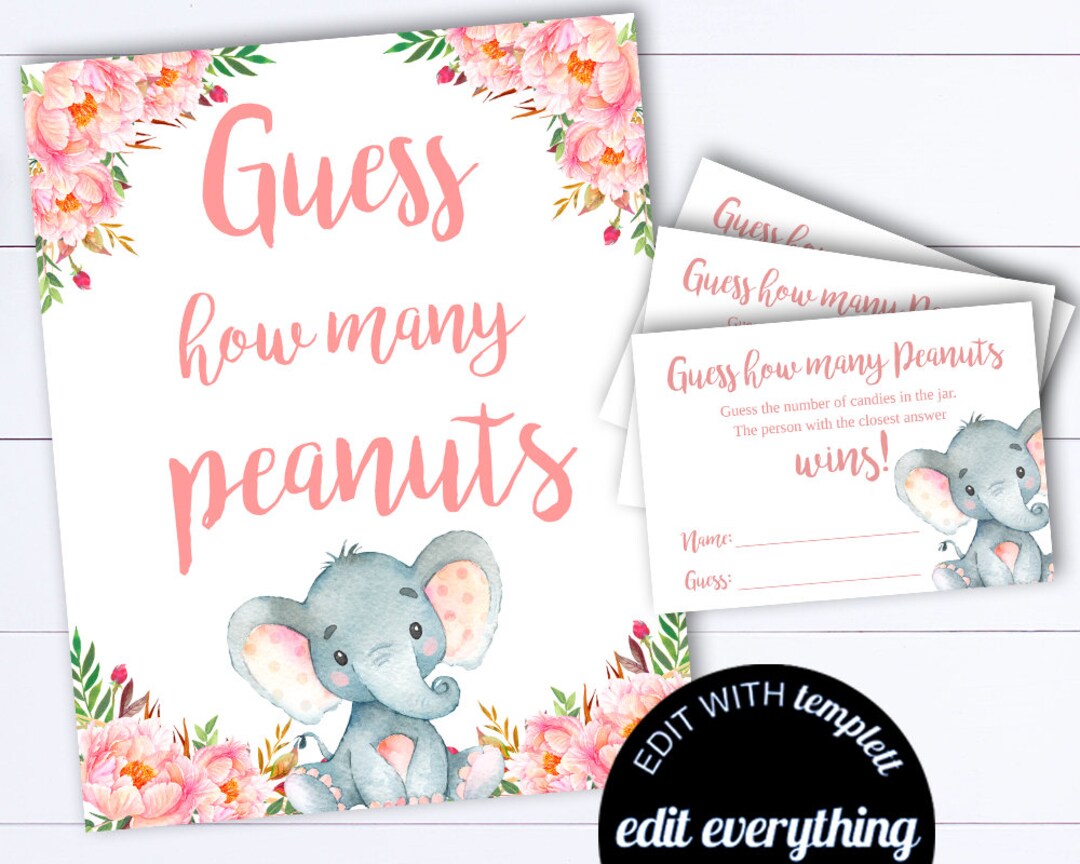 Elephant Peanut Guessing Game Guess How Many Baby Shower Games Peanut ...