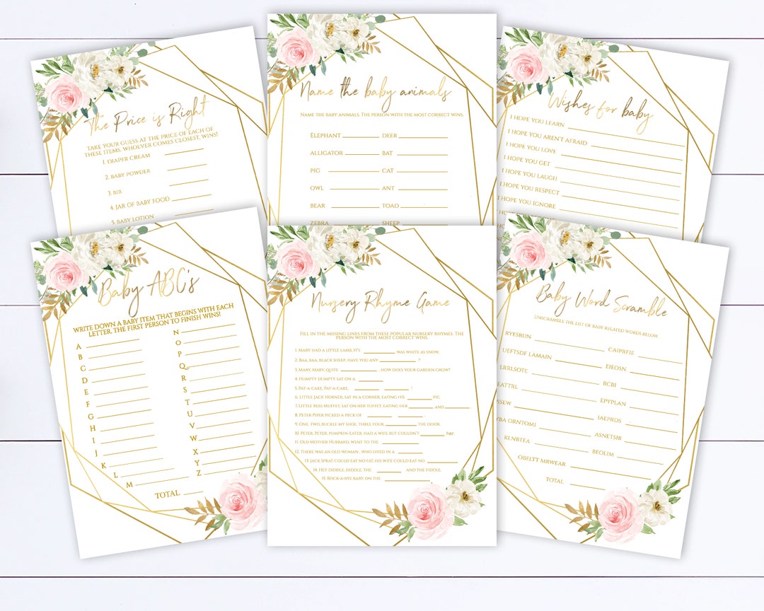 Pink Floral Baby Shower Games Printable Baby Shower Games Package Baby ...