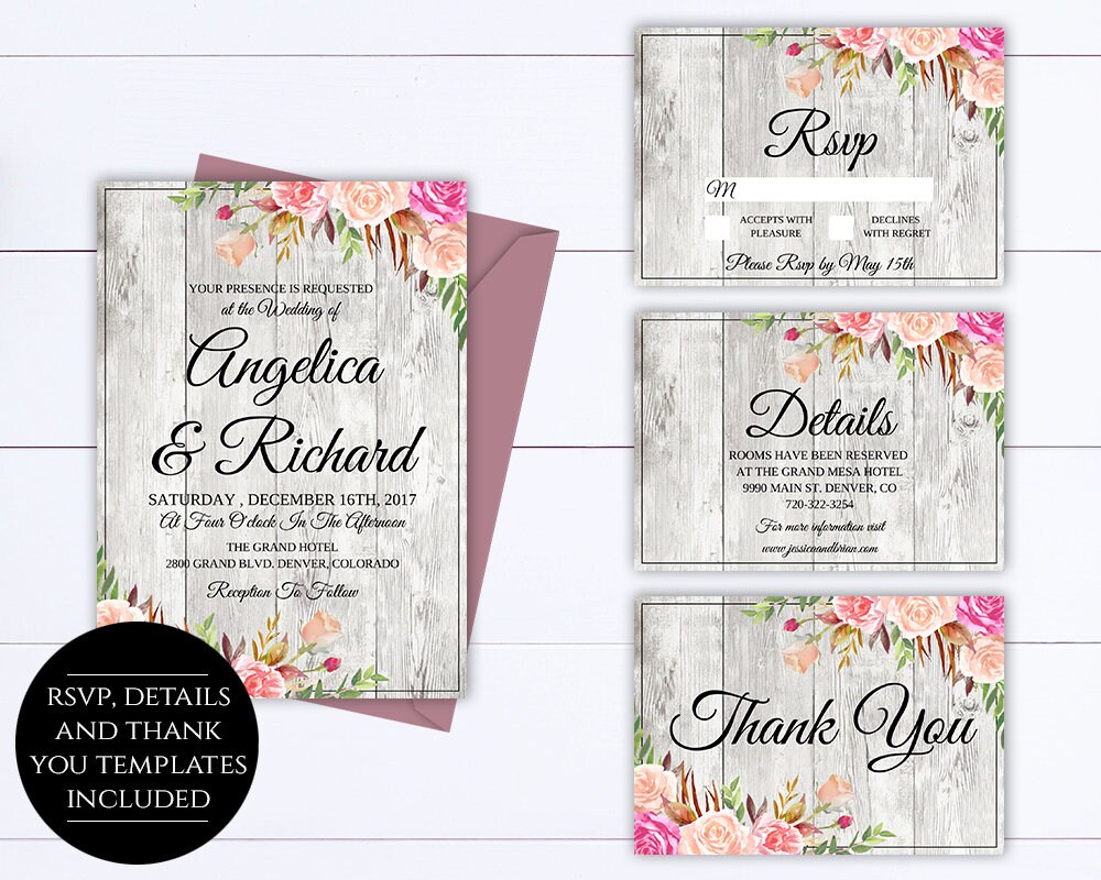 Rustic Floral Wedding Invitation Template Barn Wedding | Etsy