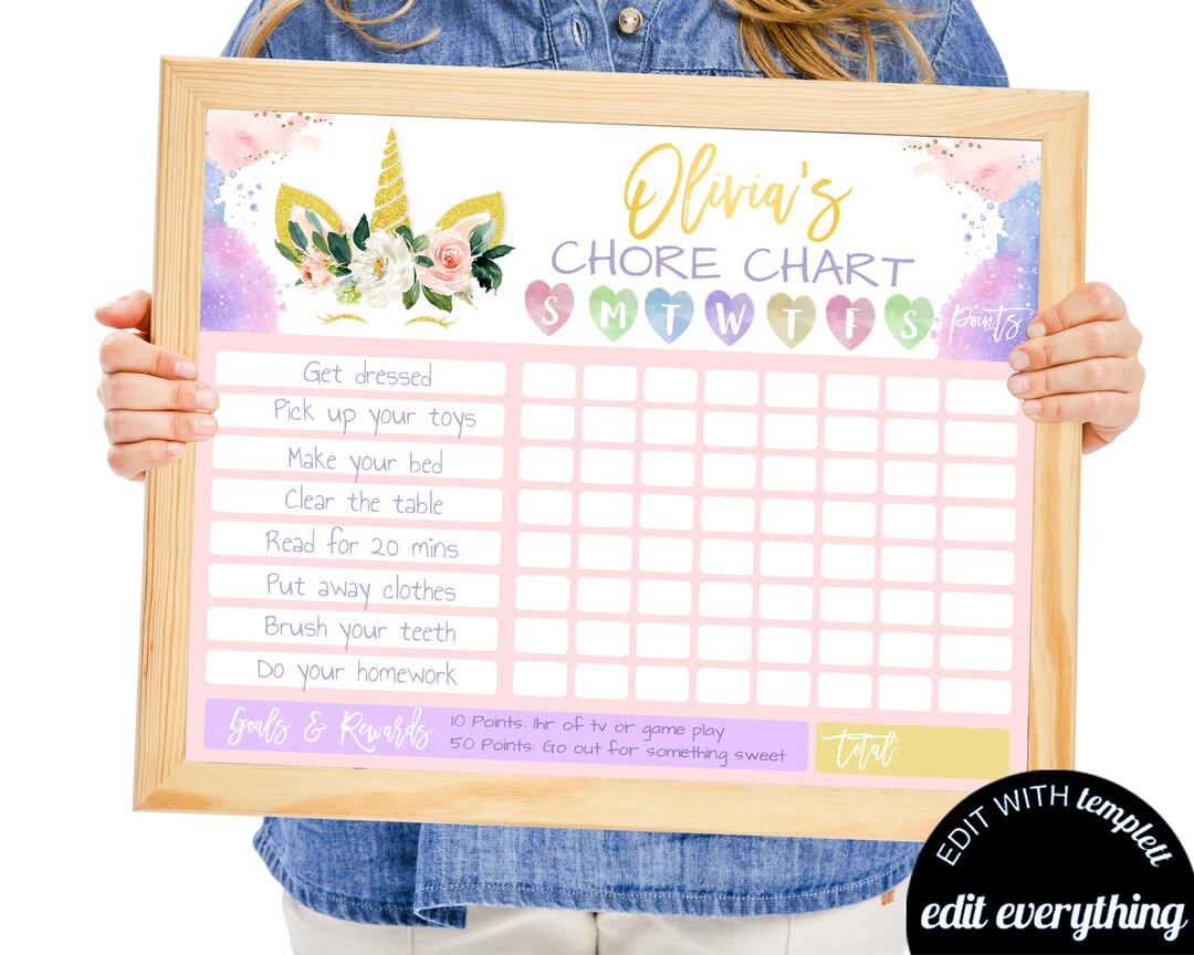 Editable Unicorn Chore Chart Unicorn Kids Chore Chart Unicorn Weekly ...
