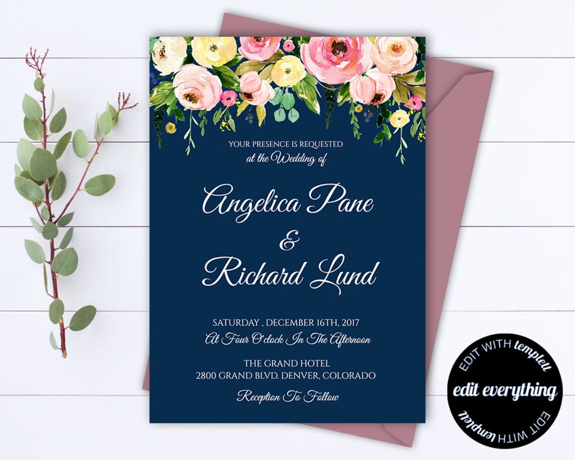 Blue Floral Wedding Invitation Printable Wedding Invitations | Etsy