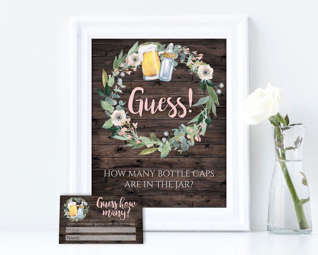 Guess How Many Bottle Caps Baby Shower Game Pink Floral Wreath Guess ...