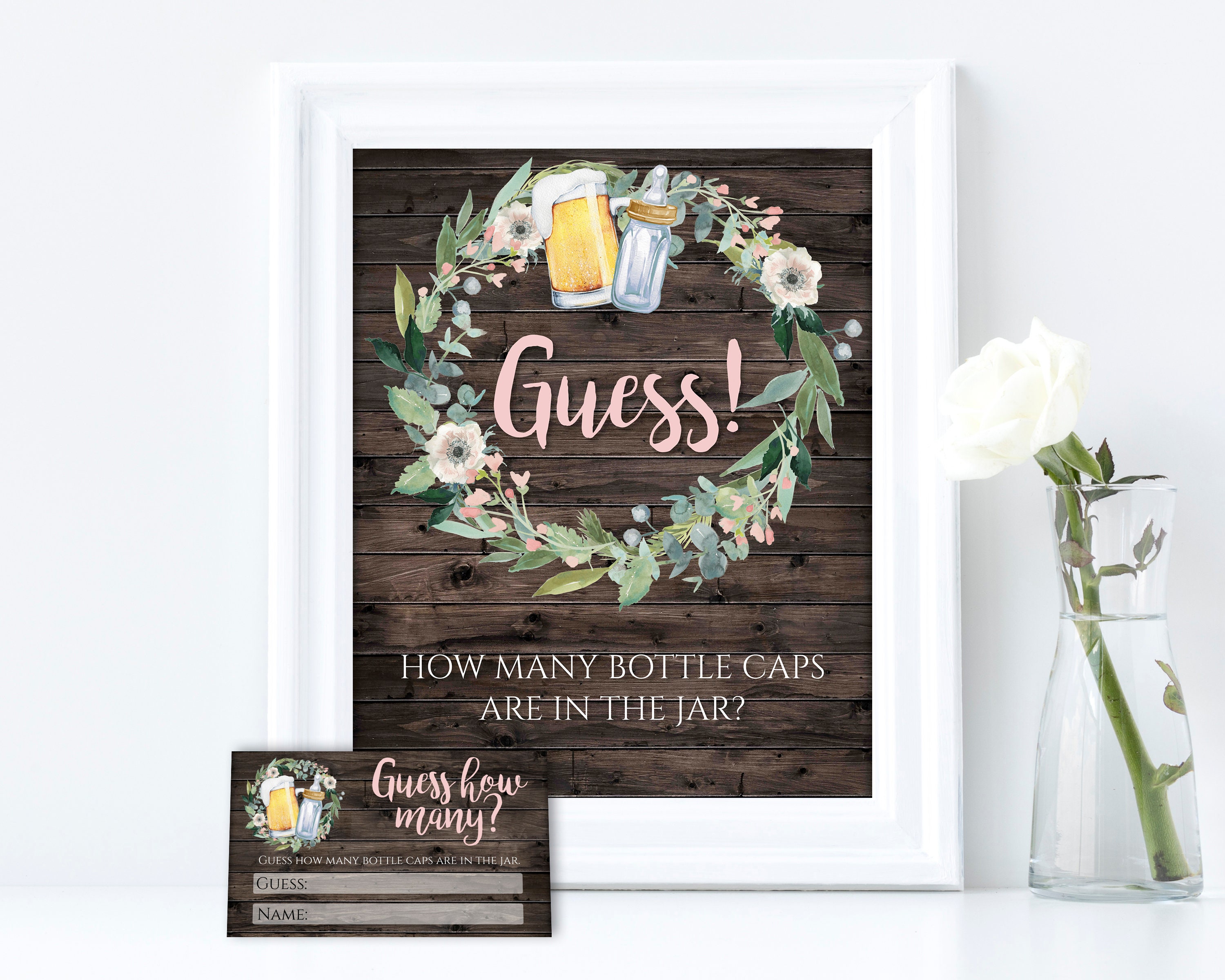 Guess How Many Bottle Caps Baby Shower Game Pink Floral Wreath Guess ...