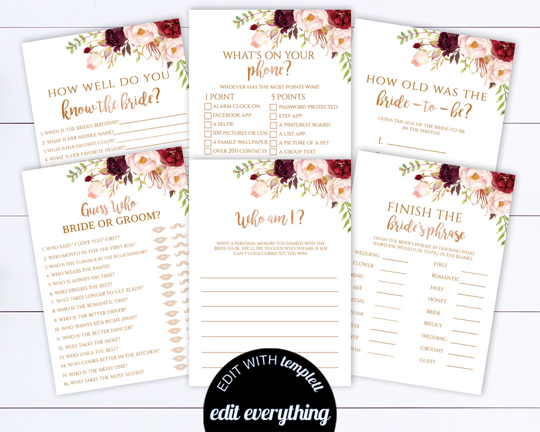 Pink Floral Bridal Shower Games Package Pink Floral Wedding Shower Game ...
