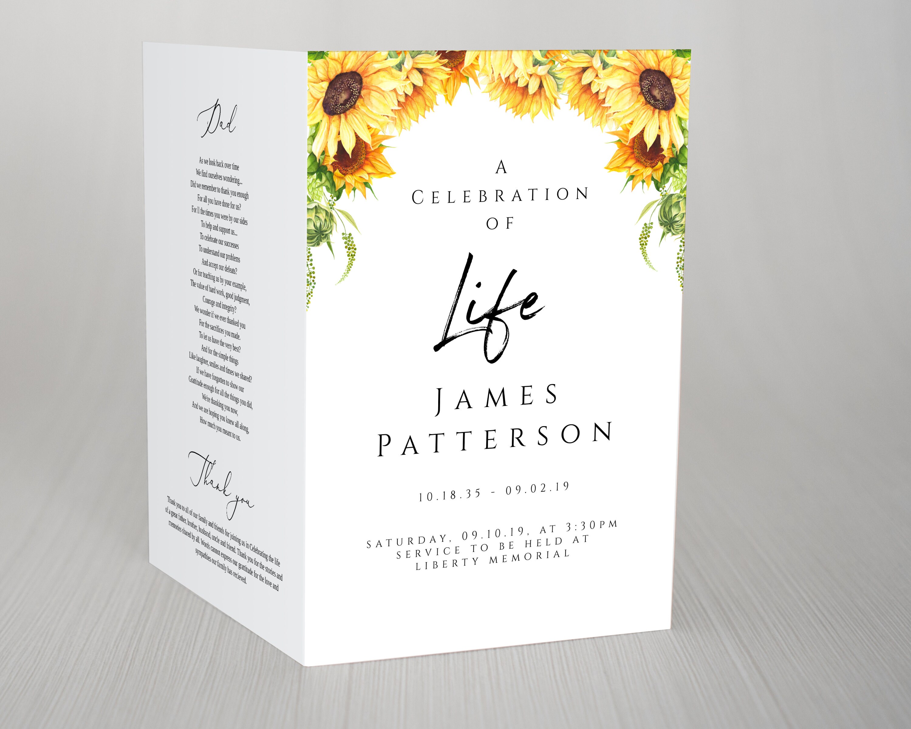 Sunflower Funeral Program Template Sunflower Funeral Program - Etsy