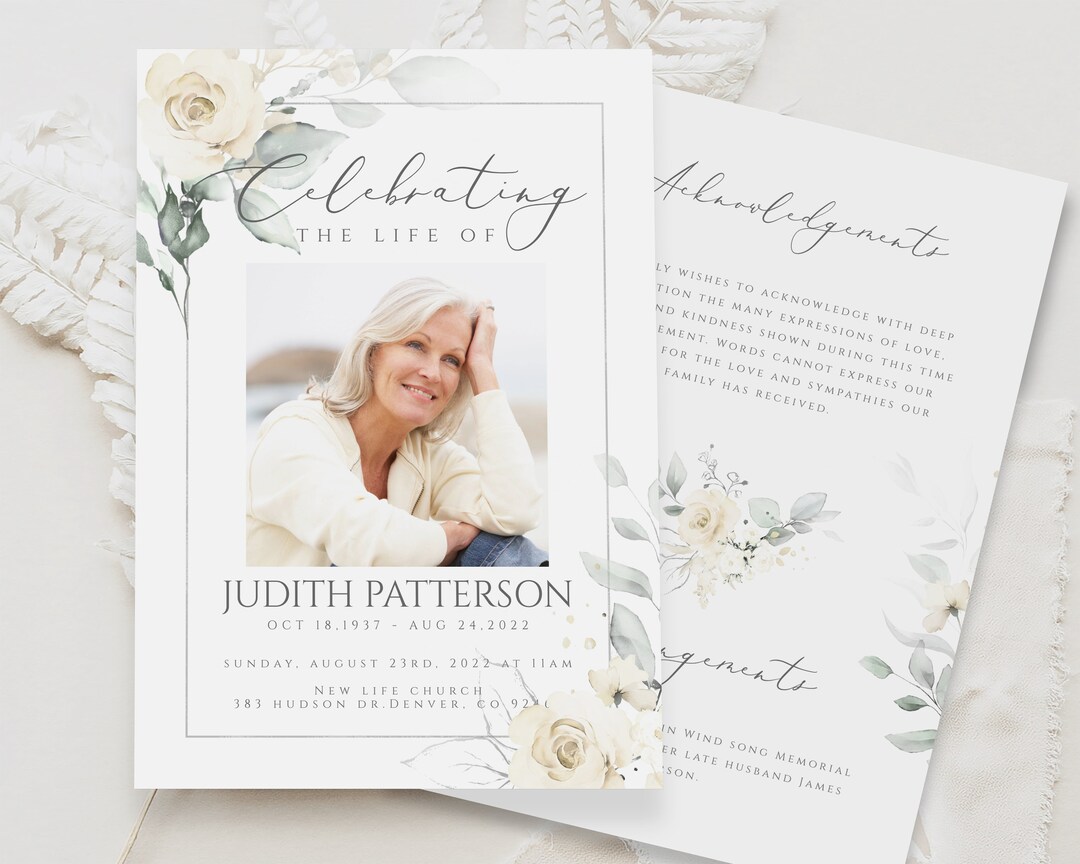 Editable White Floral Funeral Invitation Template Celebrating the Life ...
