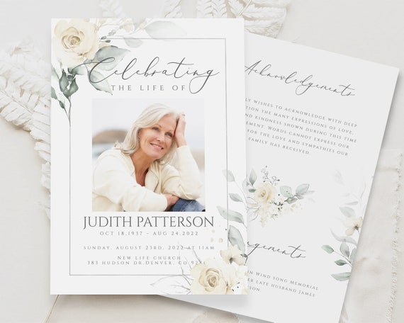 Editable White Floral Funeral Invitation Template Celebrating - Etsy