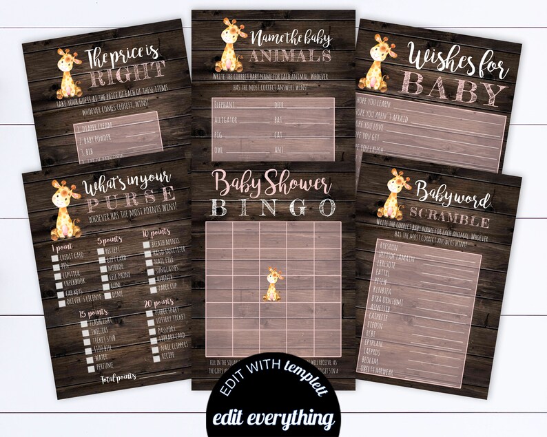 Giraffe Baby Shower Games Printable Baby Shower Games Package Baby ...