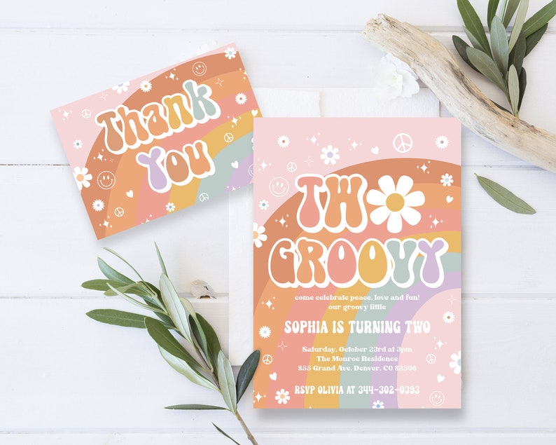 Editable Two Groovy Birthday Party Invitation Template Rainbow - Etsy